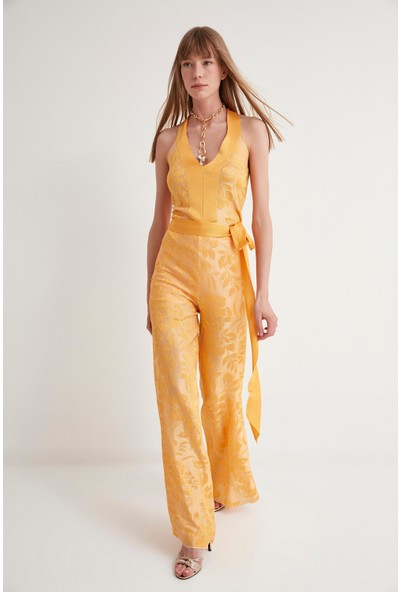 Join Us Çiçek Desenli V Yaka Sırt Dekolteli Triko Tulum