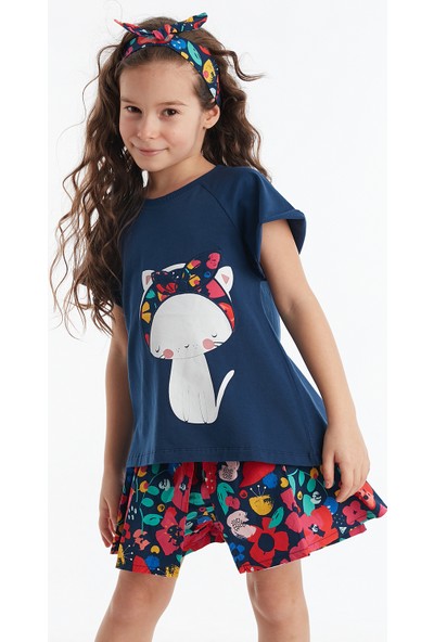 Denokids Çiçekli Kedi Kız Çocuk Şort Takım