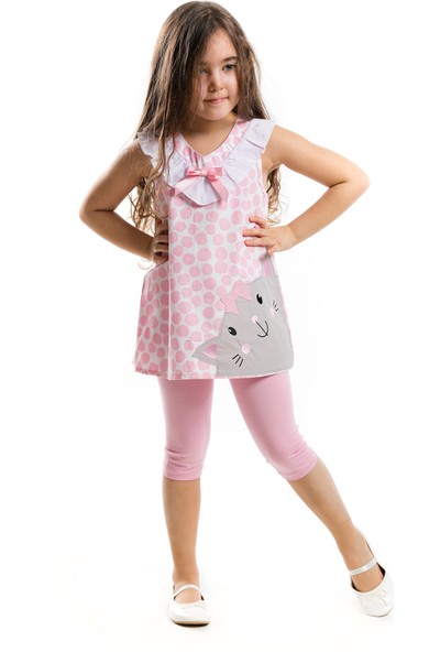 Denokids Pembe Puanlı Kedi Kız Çocuk Tunik Takım