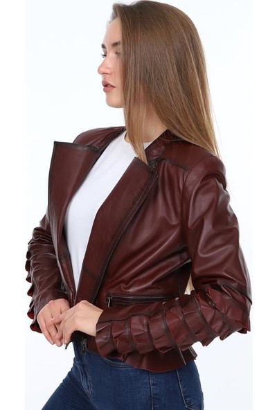 Derimonts Kolları Fırfırlı Bordo Kadın Deri Ceket