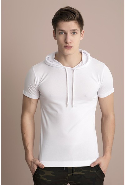 Tena Moda Erkek Beyaz Kapüşonlu Düz Tişört