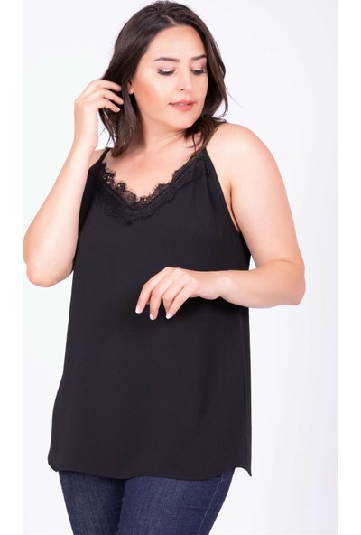 Myline Dantelli İp Askılı Bluz Siyah 40 34805