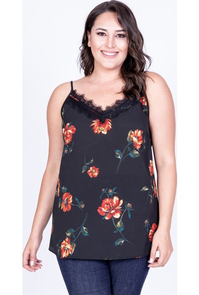 Myline Çiçekli İp Askılı Dantelli Bluz Siyah 40 35036