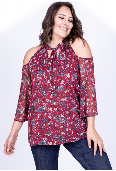 Myline Fular Detaylı Şifon Bluz Bordo 40 35058