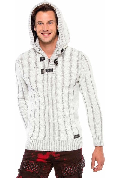 Cipo&Baxx CP214 Peluş Kapşonlu Yakalı Örme Desen Kalın Kazak L