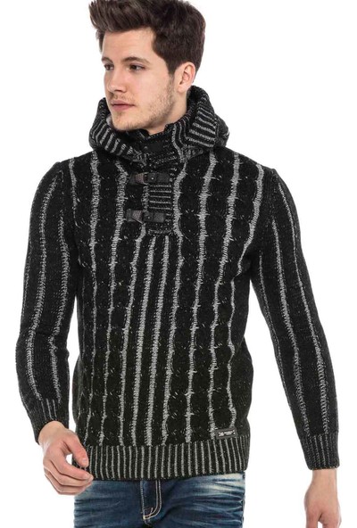 Cipo&Baxx CP214 Peluş Kapşonlu Yakalı Örme Desen Kalın Kazak M