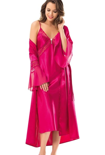 Ahu Dantelli Askılı Saten Sabahlıklı Diz Altı Gecelik Takımı 7307