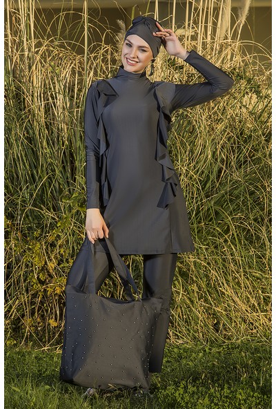 Armes Tasarım Likralı Tam Kapalı Tesettür Mayo Yanı Fırfırlı 514/18 Antrasit
