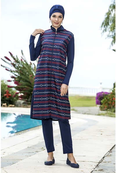 Armes Tasarım Tam Kapalı Tesettür Mayo Kırmızı Çizgili Halat Desenli 301/179 Lacivert