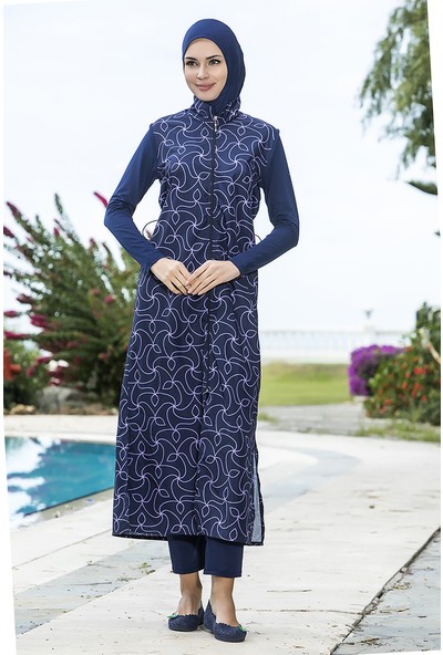 Armes Tasarım Tam Kapalı Tesettür Mayo Desenli Tam Boy Uzun Boy 302/186 Lacivert