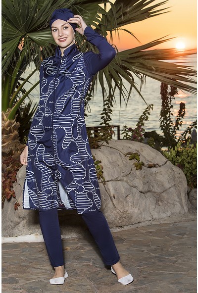 Armes Tasarım Tam Kapalı Tesettür Mayo Halat ve Zincir Desenli 301/169 Lacivert