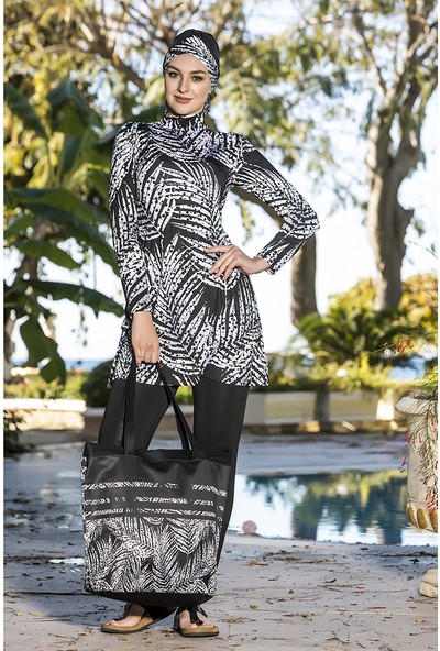 Armes Tasarım Likralı Tam Kapalı Tesettür Mayo Beyaz Yaprak Leopar 259/123 Siyah