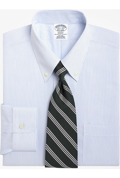 Brooks Brothers Erkek Mavi/Beyaz Çizgili Non-İron Düğmeli Yaka Milano Kalıp Klasik Gömlek