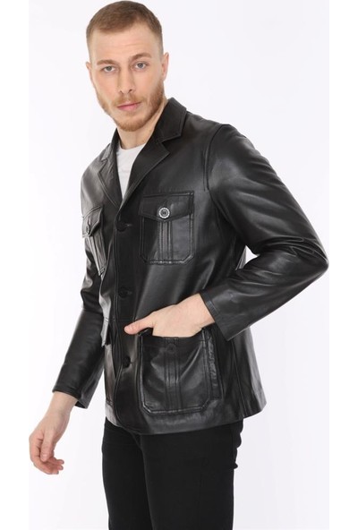 Derimont's Erkek Deri Ceket Siyah Blazer Cepli