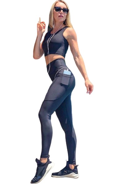 Çekmece Lismina Yüksek Bel Düz Renk Parlak Cepli Tayt