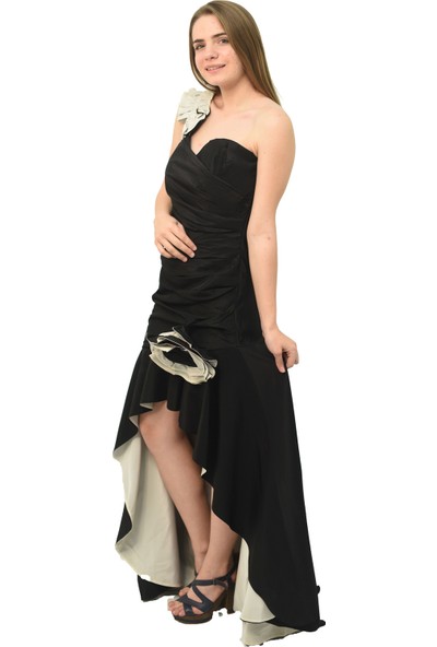 Blue Gym Tek Askılı Çiçek Detay Siyah Abiye 42