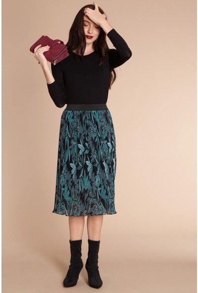 Bexy Lisa - Çiçek Desenli Pliseli Yeşil Etek L