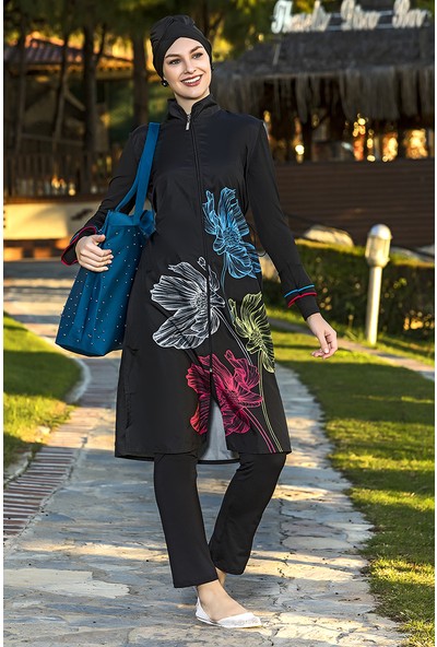 Armes Tasarım Tam Kapalı Tesettür Mayo Dev Çiçek Gelincik 301/160 Siyah