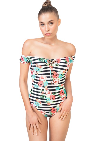 Bonesta Swimwear Önü Bağlamalı Kısa Kollu Mayo