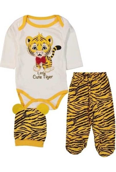 AlpCollection Sarı Kaplan Baskılı 3lü Bebek Pamuklu Body Badi Set