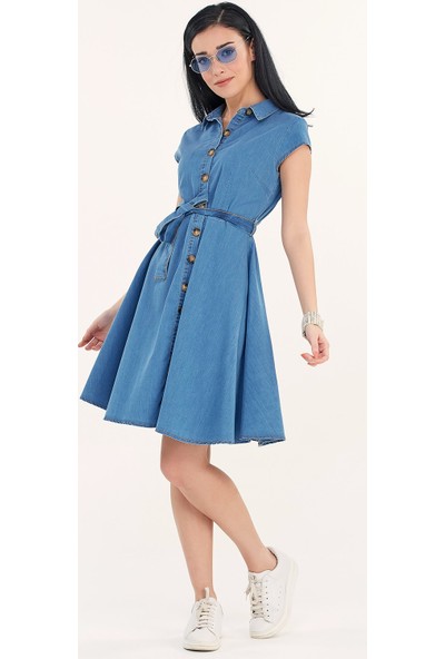 FullaModa Kuşaklı Kot Elbise