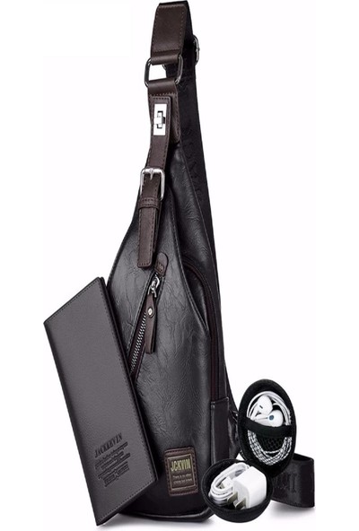 Jckvin K&M King Men 2022 Trend Erkek Çapraz Omuz ve Sırt Çanta Poliüretan Deri_Cüzdan ve Kablo Kılıfı Dahildir