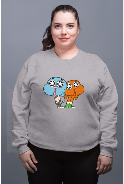 Angemiel Wear Hayran Kalmış Darwin Ve Gumball Gri Kadın Sweatshirt Angemiel Wear Hayran Kalmış Darwin Ve Gumball Gri Kadın Sweatshirt