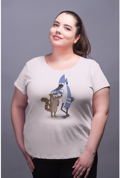 Angemiel Wear Sohbet Eden Mordecai Ve Rigby Beyaz Kadın Pamuklu Büyük Beden T-Shirt