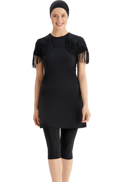 Estiva Yarı Kapalı Tesettür Mayo Kısa Kollu Püsküllü 3102 Siyah