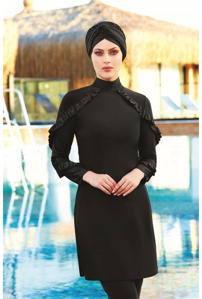 Adasea Tasarım Likralı Tam Kapalı Tesettür Mayo Fırfır 4104 Siyah Adasea Tasarım Likralı Tam Kapalı Tesettür Mayo Fırfır 4104 Siyah