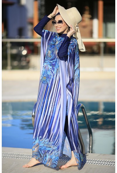 Remsa Mayo Mayo Tesettür Mayo Üzerine Desenli Kaftan Pareo Tavus Kuşlu Tek Pareo