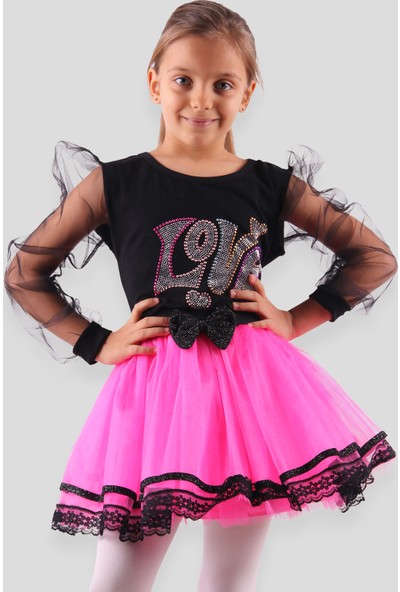 Breeze Kız Çocuk Bluz Taşlı Tüllü Siyah (6-14 Yaş)