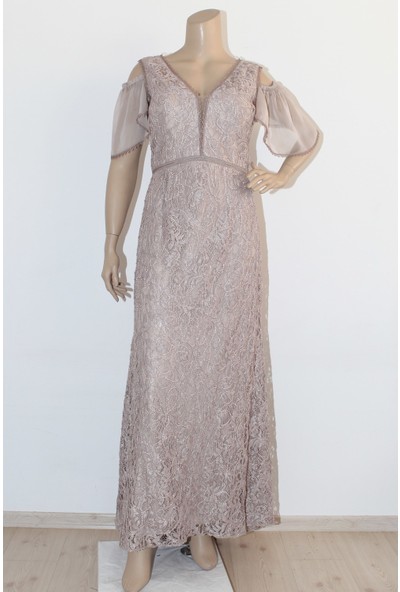 Ladies First Büyük Beden 3347 Taş Rengi Uzun Abiye Elbise
