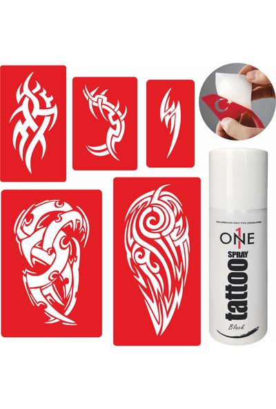 One Spray Tattoo Tribal Kol Dövmeleri Siyah Tattoo Sprey ve 5 Adet Geçici Dövme Deseni Seti One Spray Tattoo Tribal Kol Dövmeleri Siyah Tattoo Sprey ve 5 Adet Geçici Dövme Deseni Seti