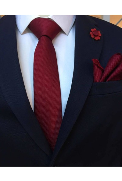 Brianze Bordo Kravat Mendil Yaka Çiçeği Set Kmc-1