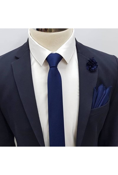 Brianze Lacivert Kravat Mendil Yaka Çiçeği Set Kmd-6