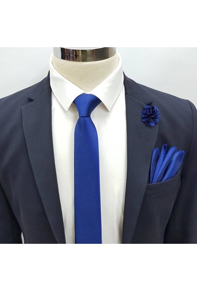 Brianze Saks Mavi Kravat Mendil Yaka Çiçeği Set Kmd-3