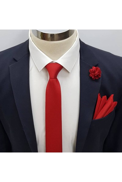 Brianze Kırmızı Kravat Mendil Yaka Çiçeği Set Kmd-2