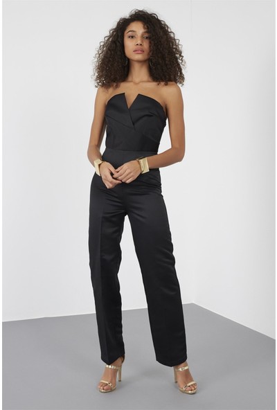 Setre Siyah Oturan Bilek Boy Parlak Kumaş Abiye Günlük Tulum