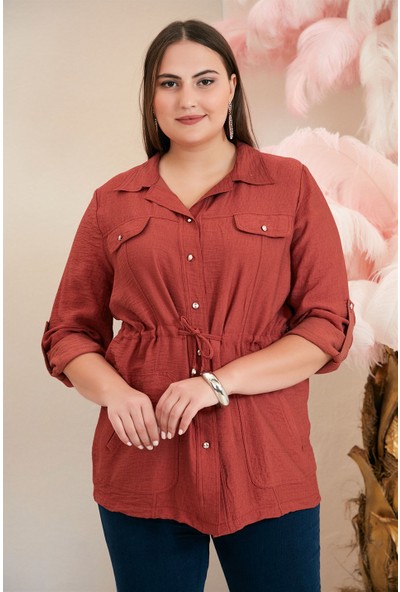 Rmg Bel Bağcık Detaylı Büyük Beden Kiremit Keten Ceket