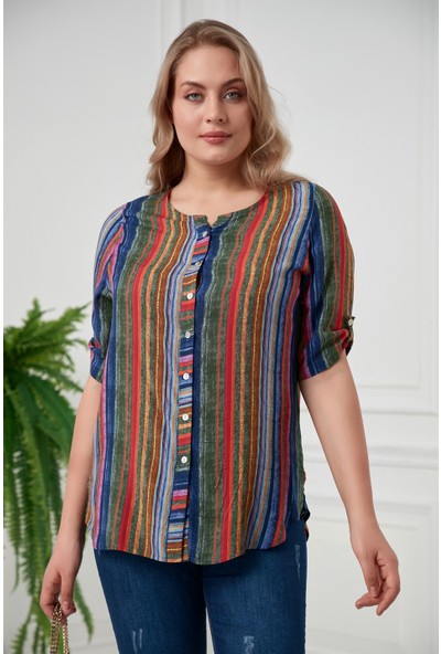 Rmg Çizgi Desenli Büyük Beden Haki Gömlek