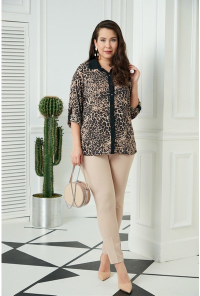 Rmg Garnili Leoparlı Büyük Beden Gömlek