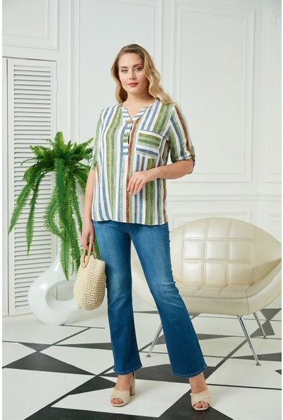 Rmg Hakim Yaka Çizgili Büyük Beden Haki Bluz