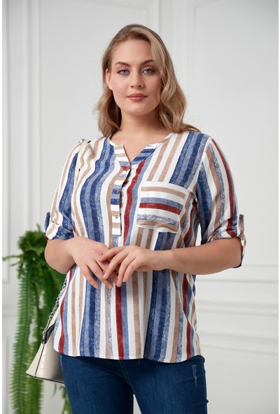Rmg Hakim Yaka Çizgili Büyük Beden İndigo Bluz
