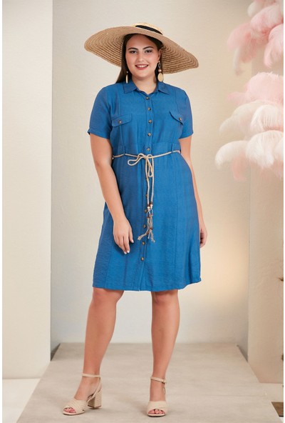 Rmg Bel Bağcık Detaylı Büyük Beden İndigo Keten Elbise