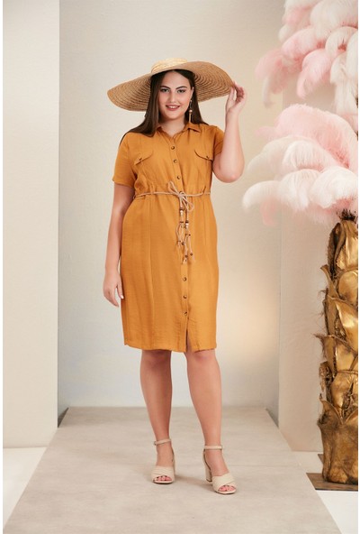 Rmg Bel Bağcık Detaylı Büyük Beden Safran Keten Elbise