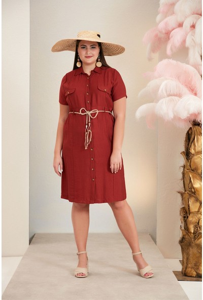 Rmg Bel Bağcık Detaylı Büyük Beden Kiremit Keten Elbise