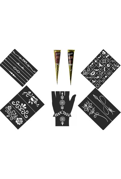 Henna Dibace Kına Kalıbı Geçici Dövme Şablon 5'li ve Hint Kınası Henna Dibace Kına Kalıbı Geçici Dövme Şablon 5'li ve Hint Kınası