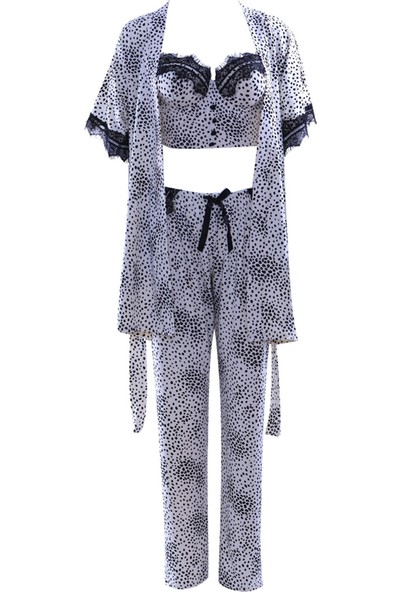 Anıl Leoparlı Push Up Büstiyer Pantolon Sabahlık Üçl'ü Takım Siyah Ekru