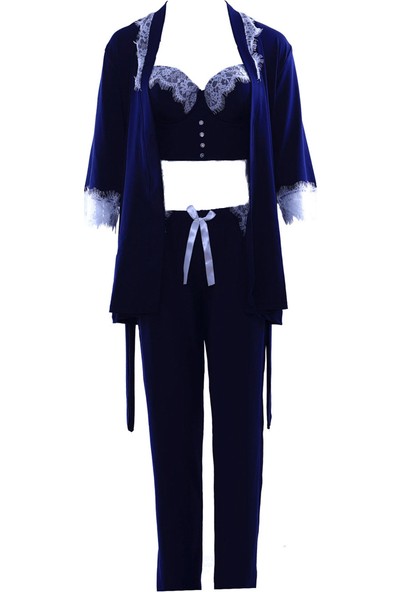 Anıl Dantelli Push Up Büstiyer Pantolon Sabahlık Üçl'ü Takım Lacivert